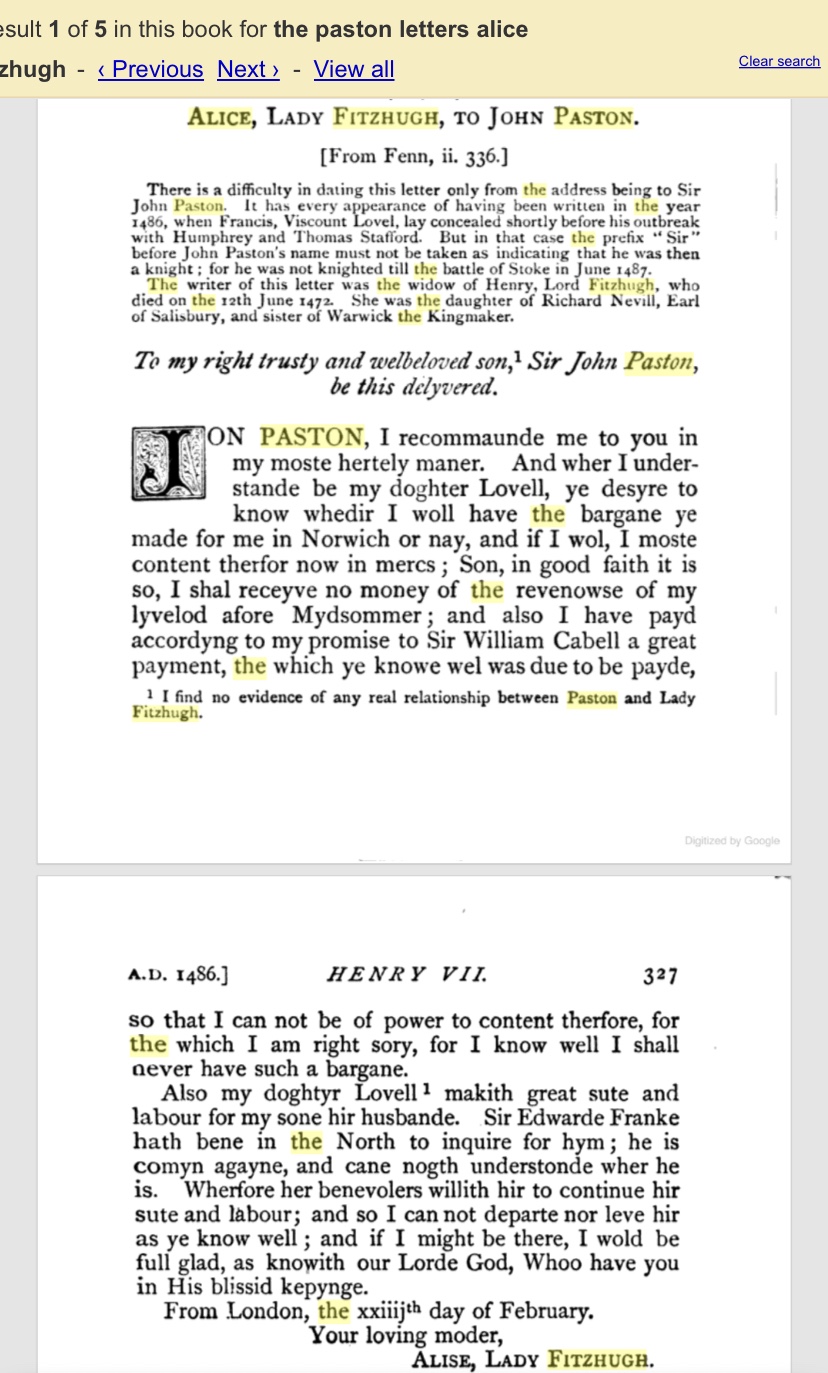 The Paston Letters: Alice, Lady FitzHugh to Sir John Paston ...